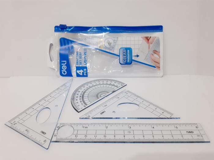 Penggaris Set 4pcs Drafting Set Deli 9597-Ruler Set Squares Protractor